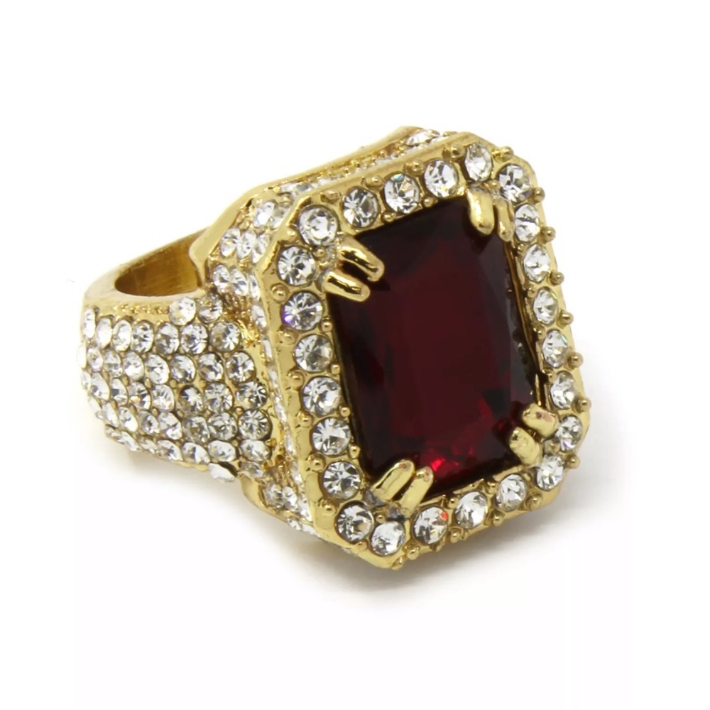 Men's Gold Iced Out Ruby Ring Designer Jewelry - Gem